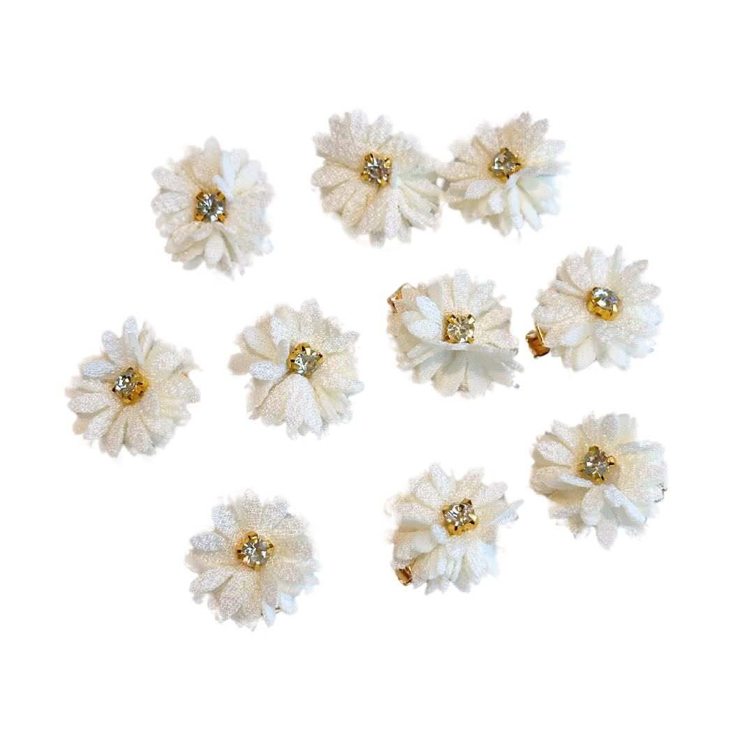 White Fabric Floral Hair Clips 10 Pack Beige CMC Gold